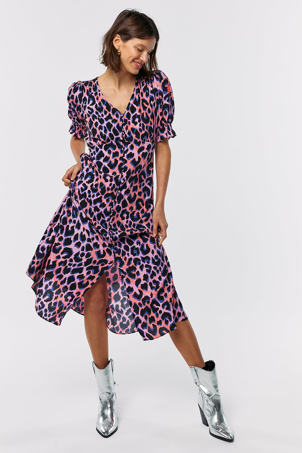 Pink with Blue and Black Shadow Leopard Flute Sleeve Midi Tea Dress ...