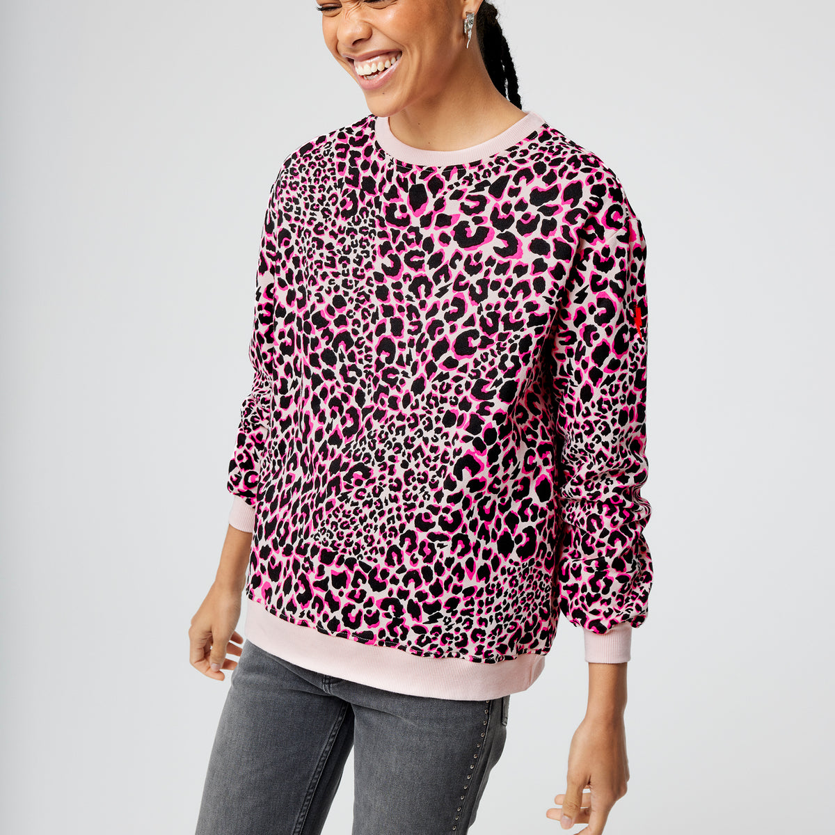 Neutral with Pink and Black Rock and Roll Leopard Oversized Sweatshirt ...