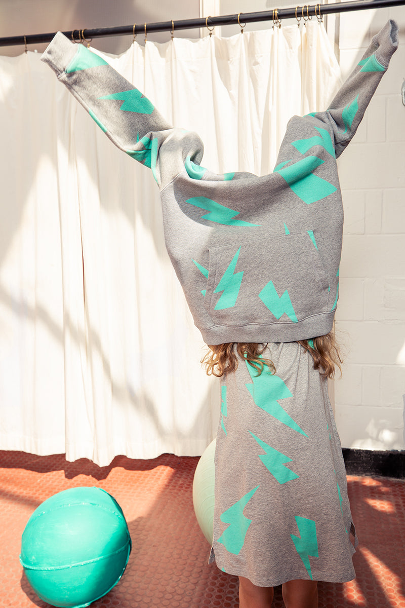 Scamp & Dude Kids Grey Marl with Turquoise Mega Lightning Bolt Hoodie