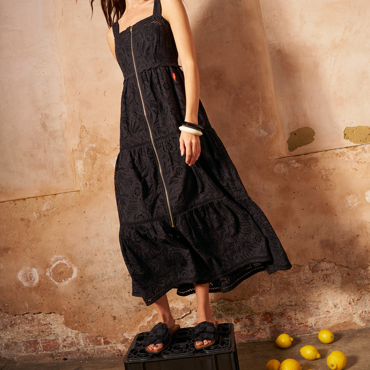 Black Broderie Zip Detail Midi Sundress Scamp & Dude