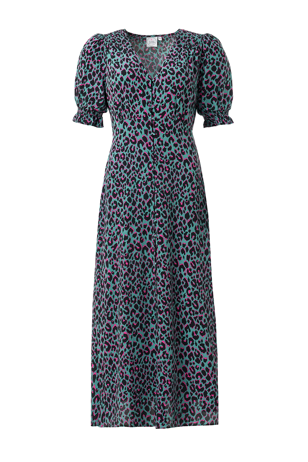 Khaki with Pink & Black Small Shadow Leopard Button Through Midi Dress ...
