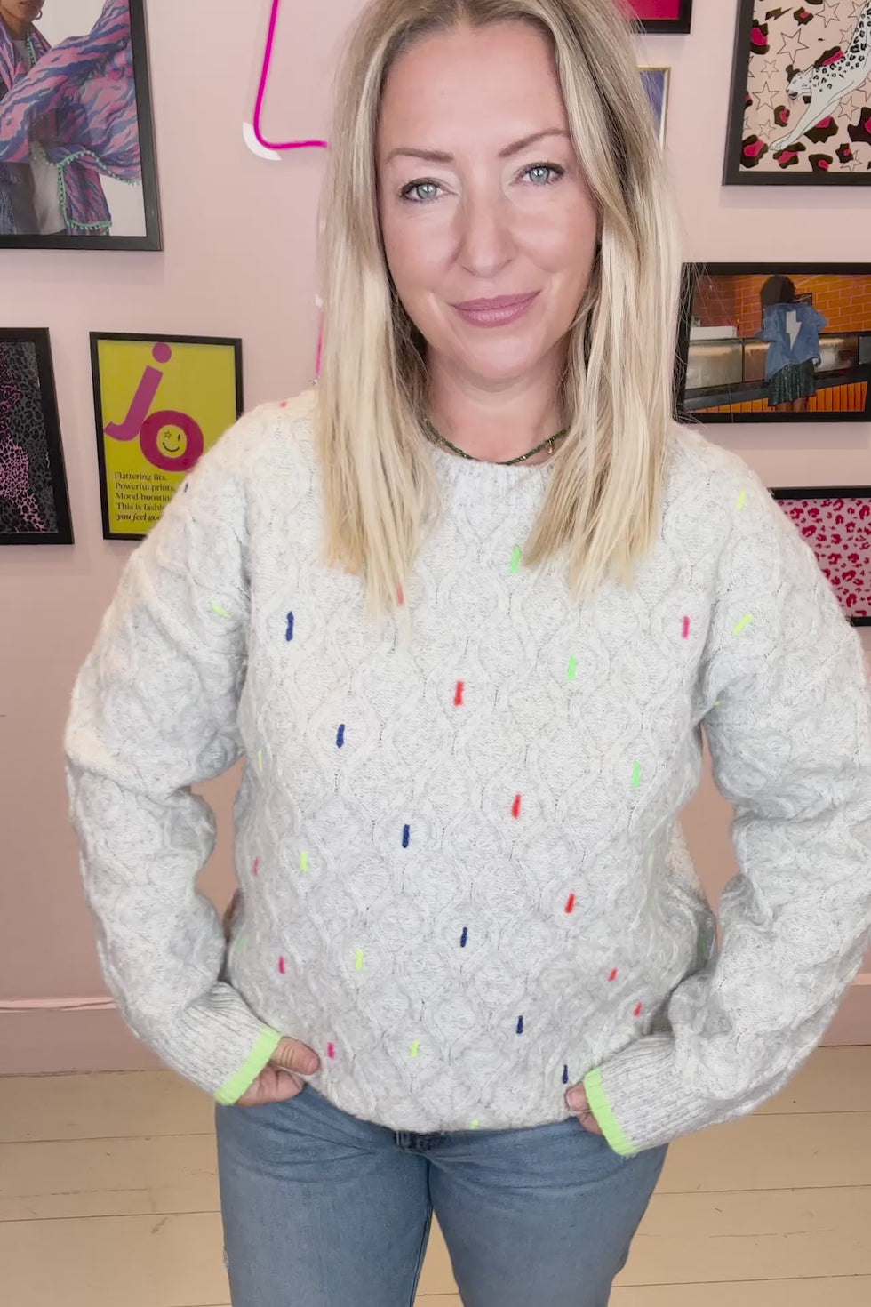 Grey with Neon Rainbow Fleck Cable Knit Jumper Scamp & Dude