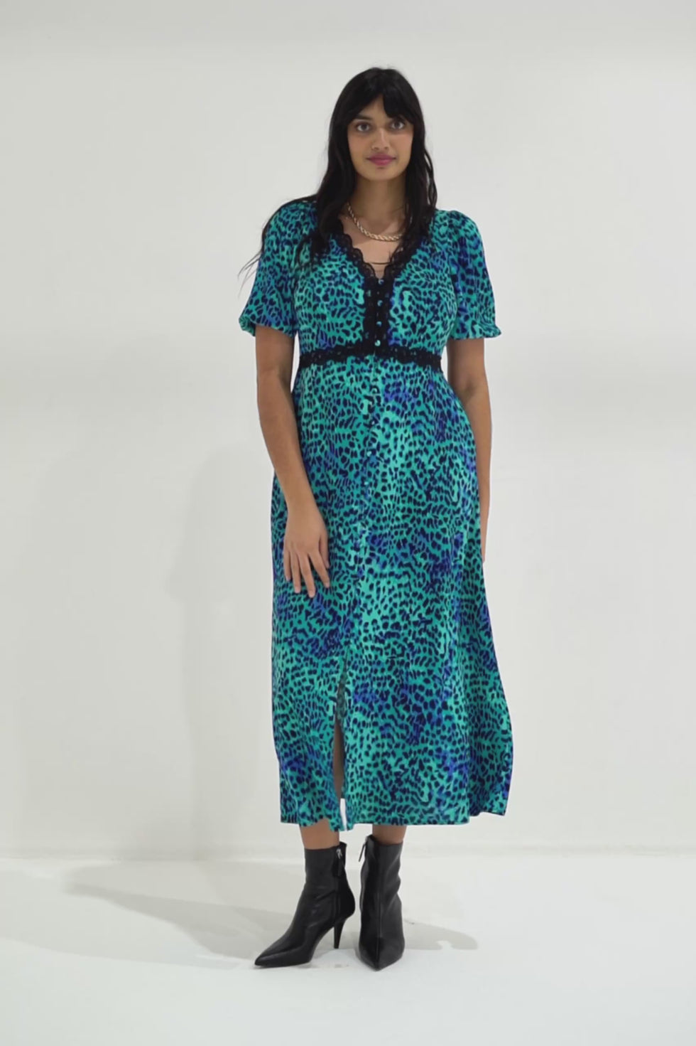 Turquoise with Blue Cheetah Lace Trim Puff Sleeve Midi Tea Dress ...